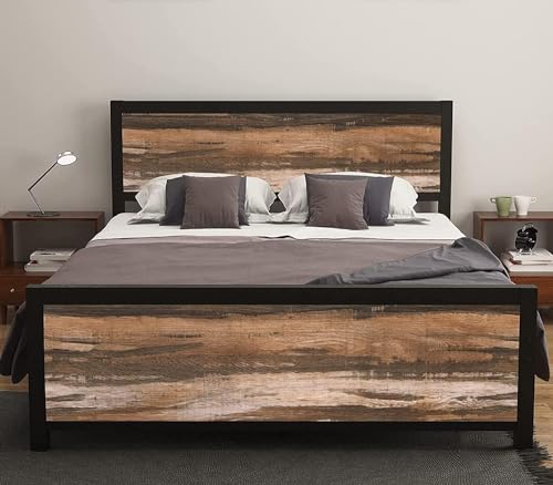 Catrimown Queen Size Bed Frame with Wooden Headboard and Footboard, Queen Platform Bed with Storage, Wooden Metal Bed Frame, Strong Slat Support/No Box Spring Needed/Easy Assembly, Industrial Brown