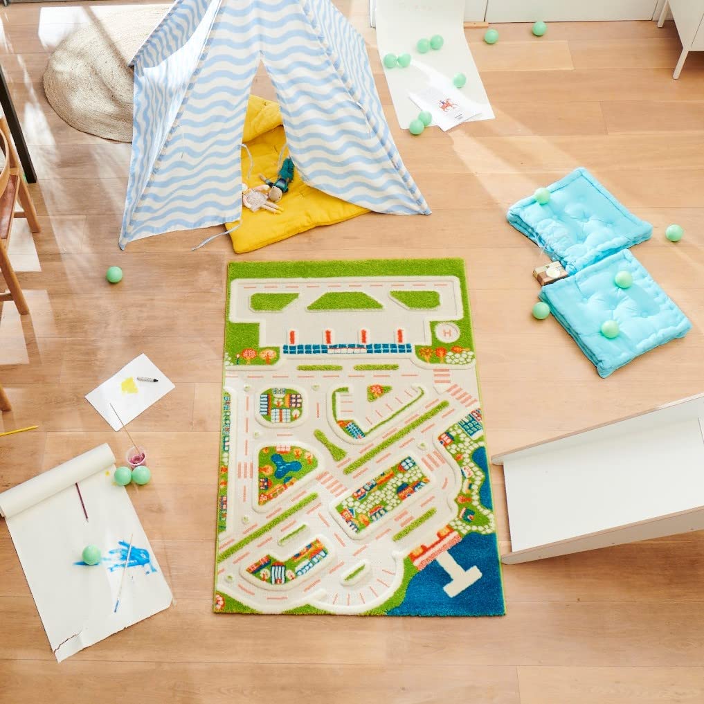 IVI 3D Play Carpets Mini City 59" L x 39" W Educational Toddler Car Mat Rug for Bedroom, Kids Den, or Playroom