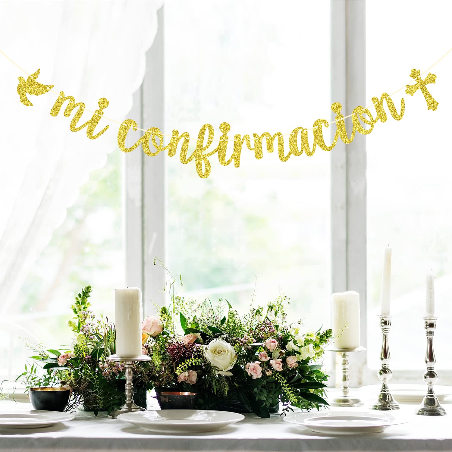Gold Glitter Mi Confirmación Banner - Holy Confirmation Decorations - Wedding, Bridal Shower, God Bless, Baptism Party Decorations