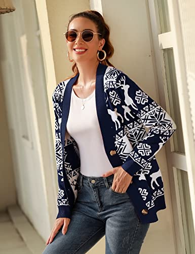 Cowasto Women's Reindeer Knitted Christmas Cardigan Sweater Comfy Button Up Casual Open Front Festive Sweaters Navy Blue X-Large