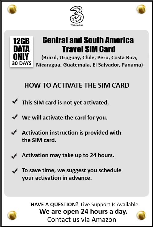 Central and South America Prepaid Travel SIM Card by 3UK. 12GB Data only for 30 Days. We Must Activate The SIM Card.