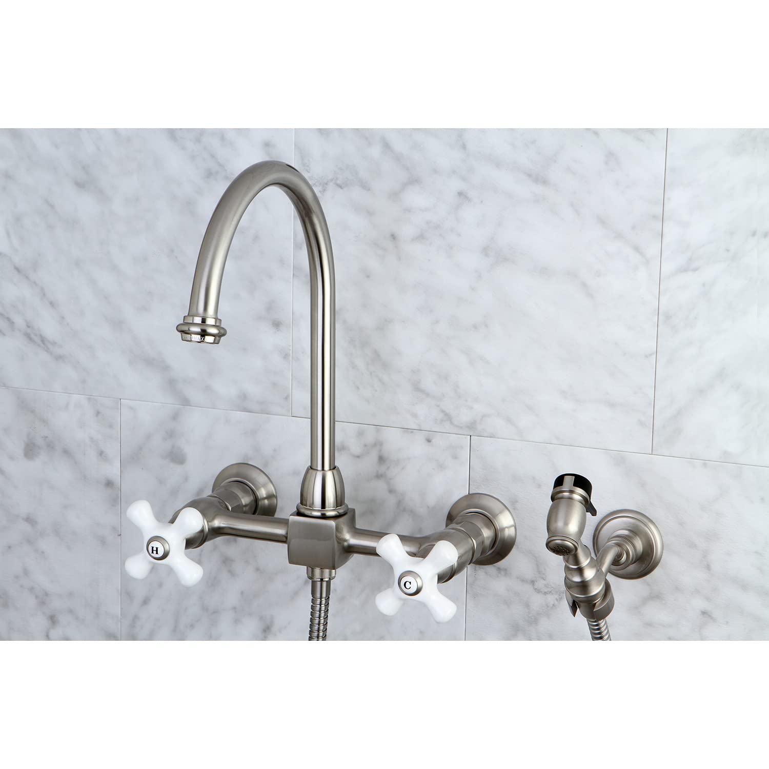 Kingston Brass KS1298PXBS Restoration Wall Mount Bridge Kitchen Faucet with Brass Sprayer, Brushed Nickel