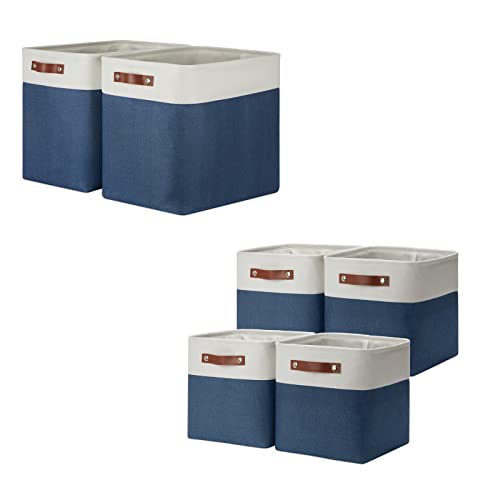 DULLEMELO Collapsible Bundle Baskets 2 Large Baskets 17"x12"x15" + 4 Cube Baskets 11"x11"x11"(White&Blue)