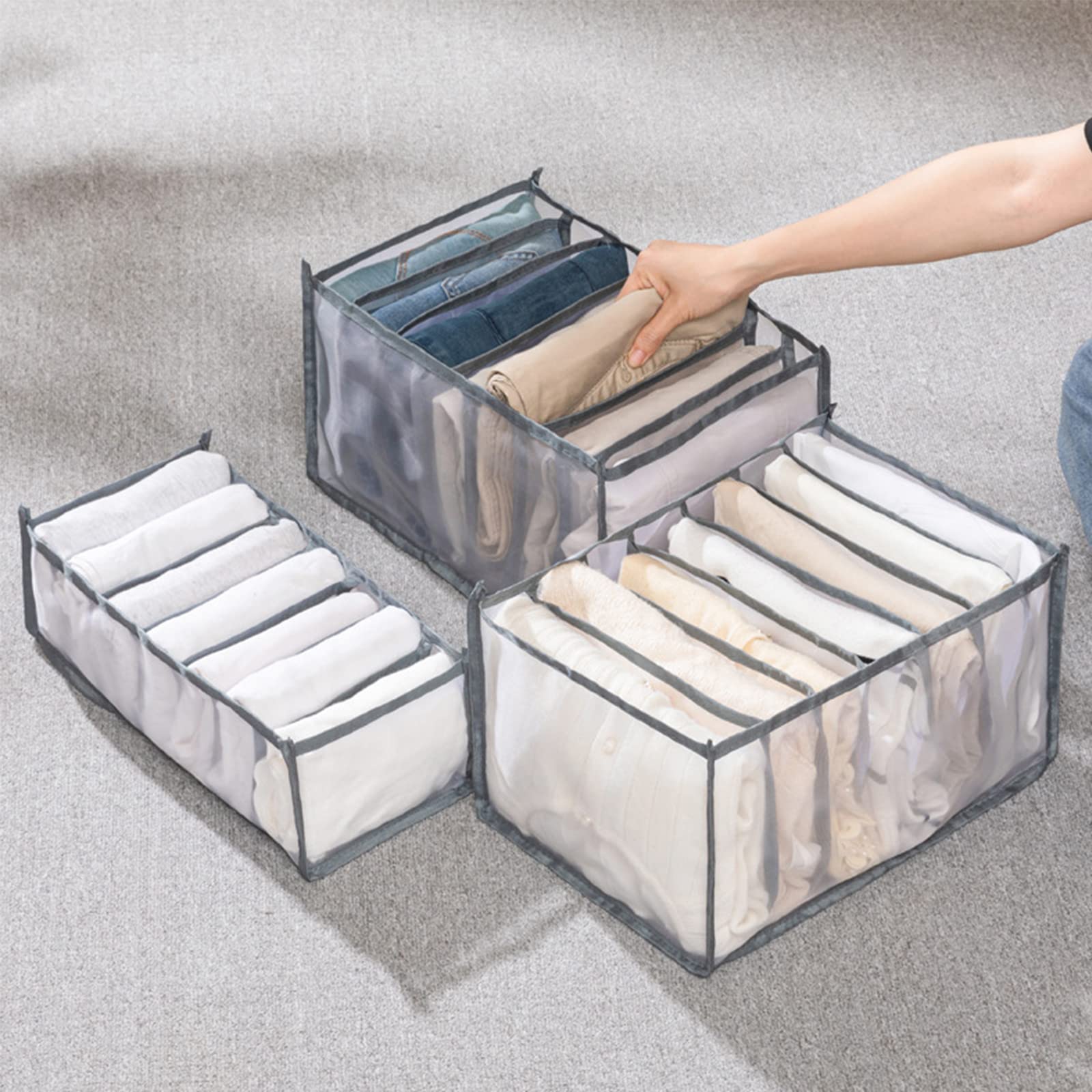 DOUBLE 2 C 3 Pcs Washable Wardrobe Clothes Organizers, 7 Grids Foldable Visible Closet Organizer, Mesh Drawer Separation Storage Box for Jeans, Legging, T-shirt, Baby Kids Clothes