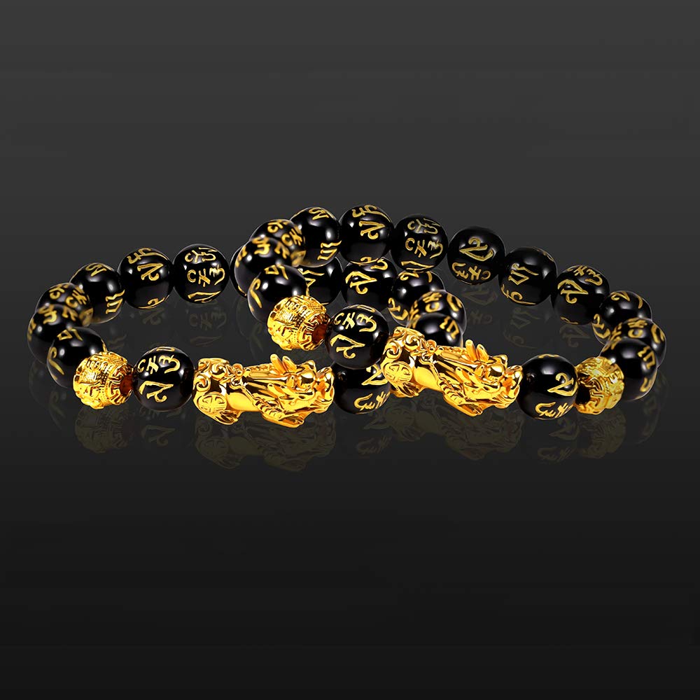 EnjoIt 2Pcs 12mm Hand Carved Mantra Stone Feng Shui Elastic Bracelet Pi Xiu Bracelet Wealth Bracelet for Mens Womens C2239