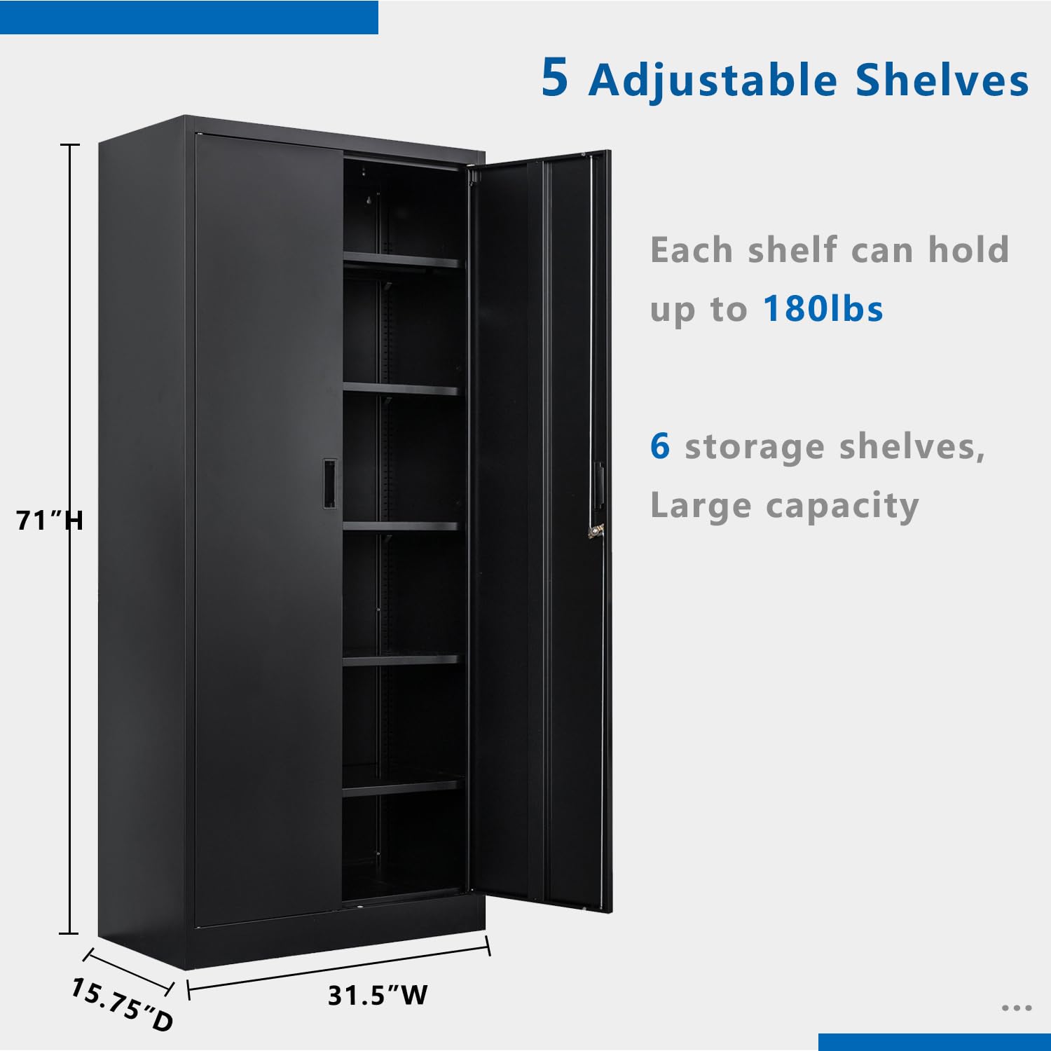 Metal Storage Cabinet with 2 Doors and 4 Shelves, Lockable Steel Storage Cabinet for Office, Garage, Warehouse, 70.86" H x 31.5" W x 15.75" D (Black)
