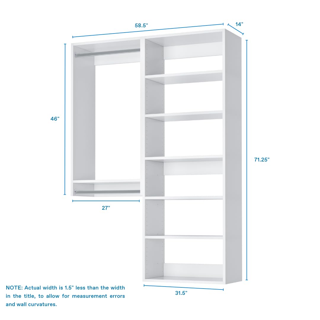Closet Kit with Hanging Rods & Shelves - Corner Closet System - Closet Shelves - Closet Organizers and Storage Shelves (White, 60 inches Wide) Closet Shelving