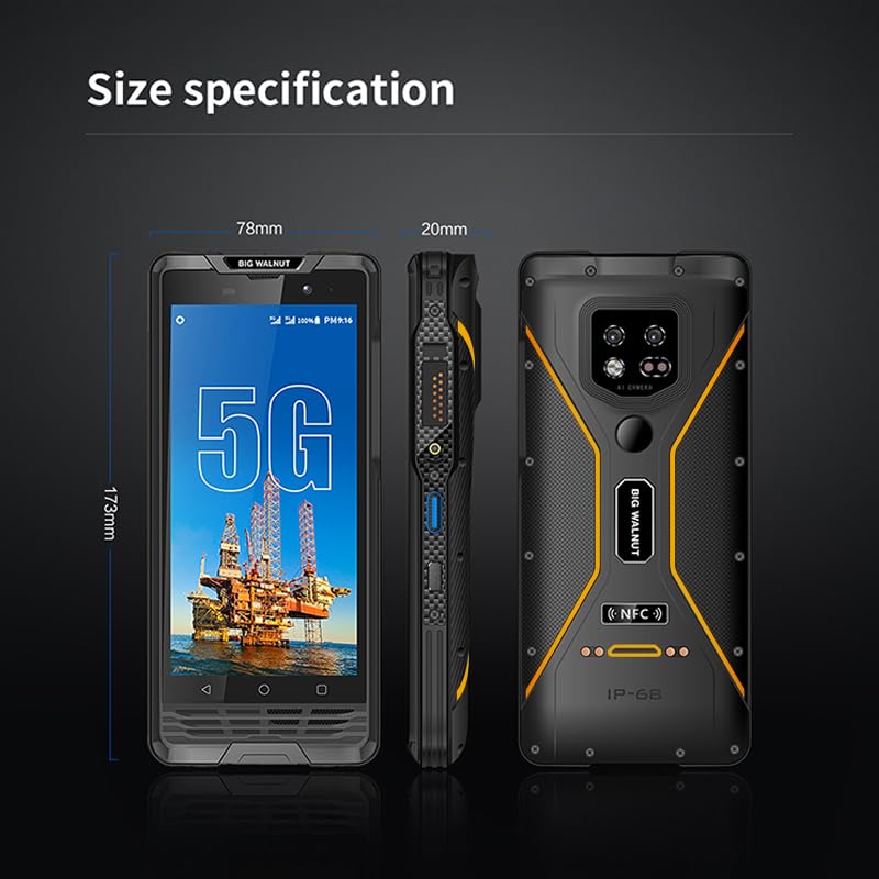 Big Walnut B2 Rugged Smartphone(2023), eSIM Dual 5G 8GB+256GB Rugged Phone Unlocked, 5.5" FHD+ Rugged Cell Phone, Android 12, 64MP Camera, 24MP Night Vision, NFC ATEX Smartphone(Yellow)