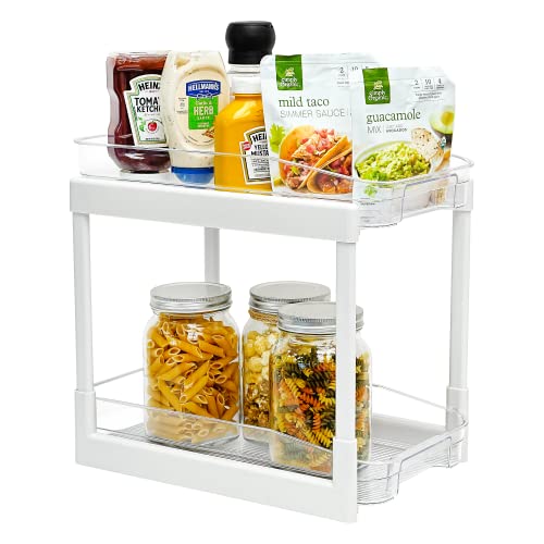CAXXA 2 Tier Under Sink Cabinet Organizer Slide-Out Storage Drawer with Hooks for Kitchen, Bathroom,Vanity Counter (Clear)