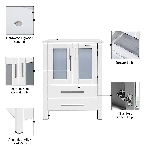 eclife 36" Bathroom Vanity Sink Combo White W/Side Cabinet Set Blue Boat Tempered Glass Vessel Sink & ORB Water Save Faucet & Solid Brass Pop Up Drain, W/Mirror (A29BU B02W)
