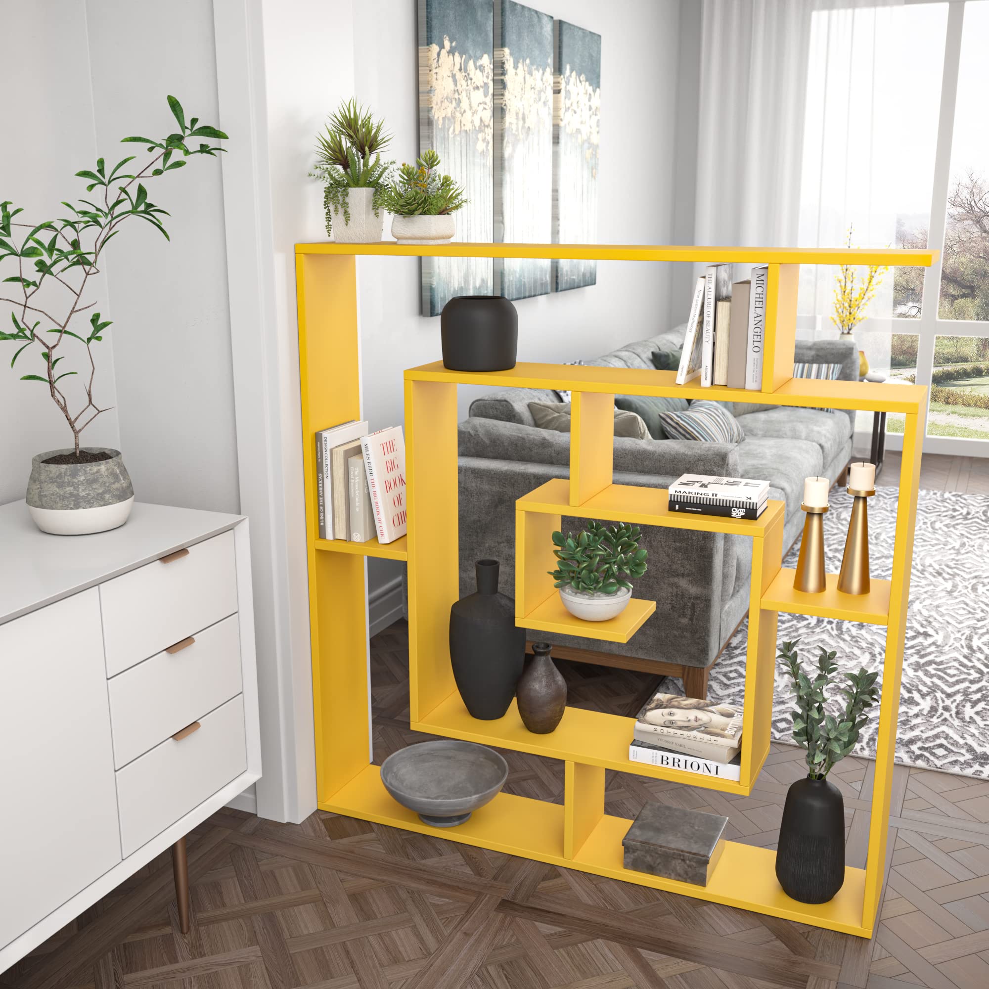 Ada Home Decor Briscoe Modern Mustard Bookcase 50.2'' H x 49.2'' W x 8.66'' D/Shelving Unit/Bookshelf