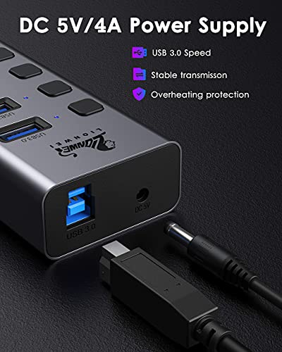 LIONWEI Universal 8-Port Powered USB 3.0/USB C Hub, Aluminum USB Splitter with 6 USB 3.0 Data Ports, SD/TF Card Readers, On/Off Power Switches, AC Adapter