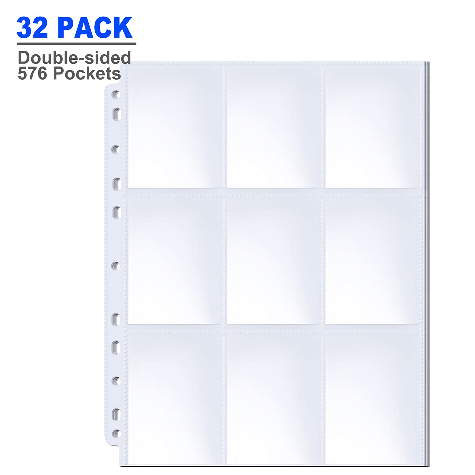 Double-Sided 576 Pockets Trading Card Sleeves Pages - Baseball Card Sleeves Fit 3 Ring Binder, 9 Pocket Page Protector for Standard Size Cards, Sport Cards, Game Cards, Business Cards 32 Pack
