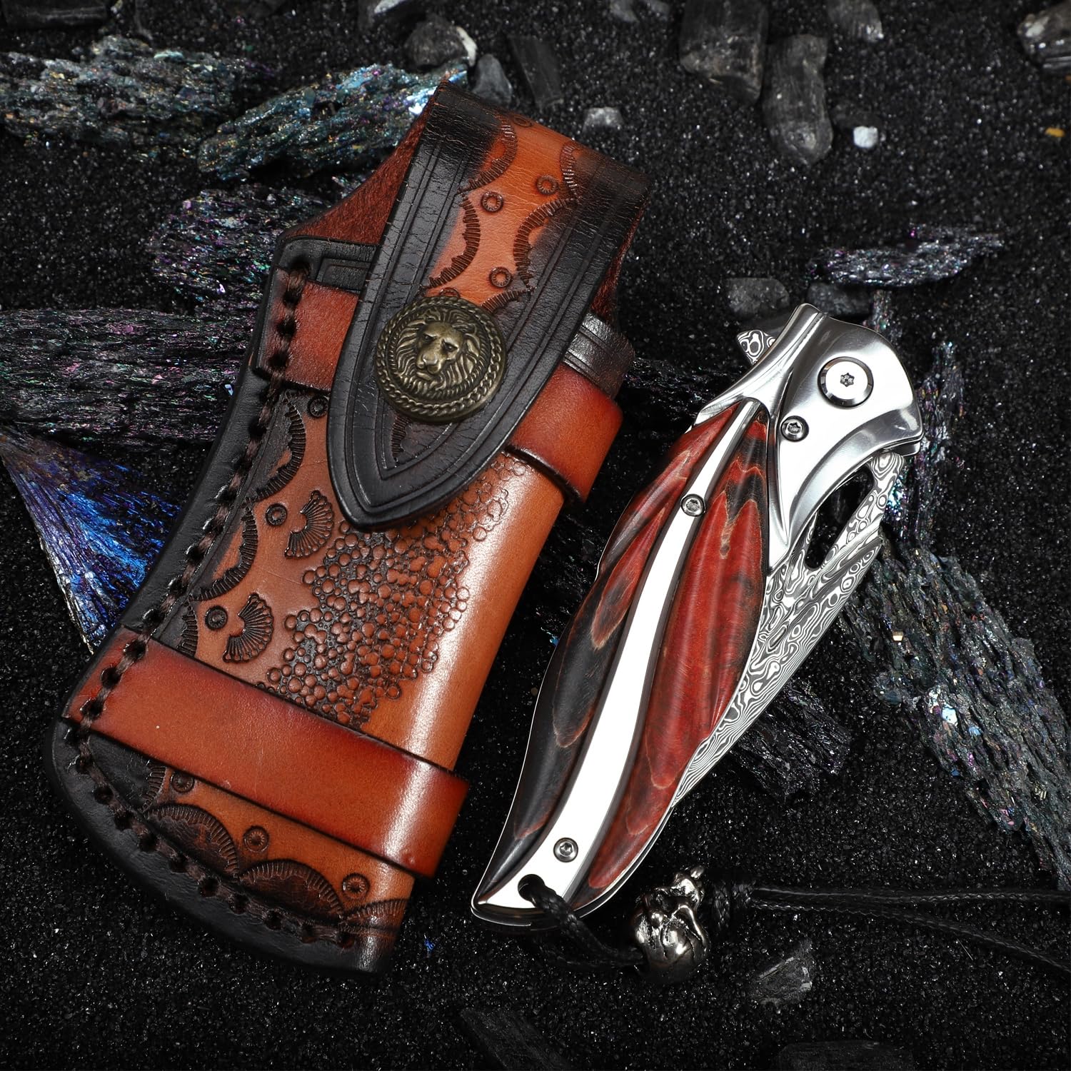 ALVELY Handmade Japanese VG10 Damascus steel Folding Pocket Knife，With leather case，Liner Lock，3.1in high hardness blade，Wooden Handle，men's folding knife hiking trip EDC tool Knife