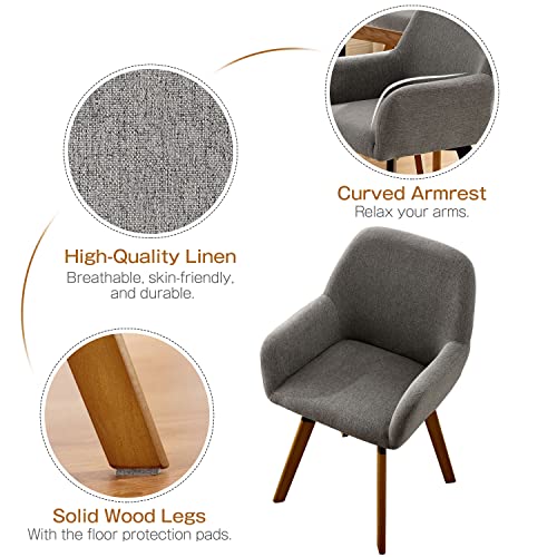 Art Leon Desk Chair No Wheels, Set of 2, Mid Century Modern Swivel Accent Chair, Linen Fabric Upholstered Office Chair Without Wheels, Solid Wood Legs, Gray