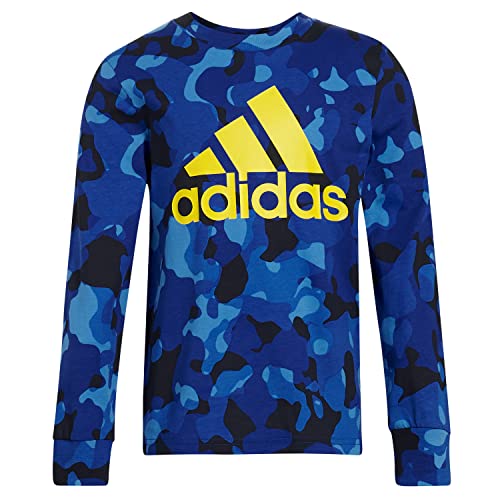 adidas Boys' Long Sleeve Cotton Allover Print BoS Logo T-Shirt, Core Camo/Royal Blue, 6