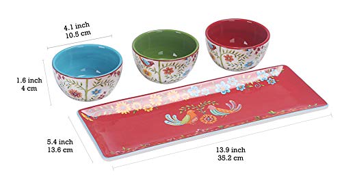 Bico Red Spring Bird Ceramic Dipping Bowl Set (9oz bowls with 14 inch platter), for Sauce, Nachos, Snacks, Microwave & Dishwasher Safe