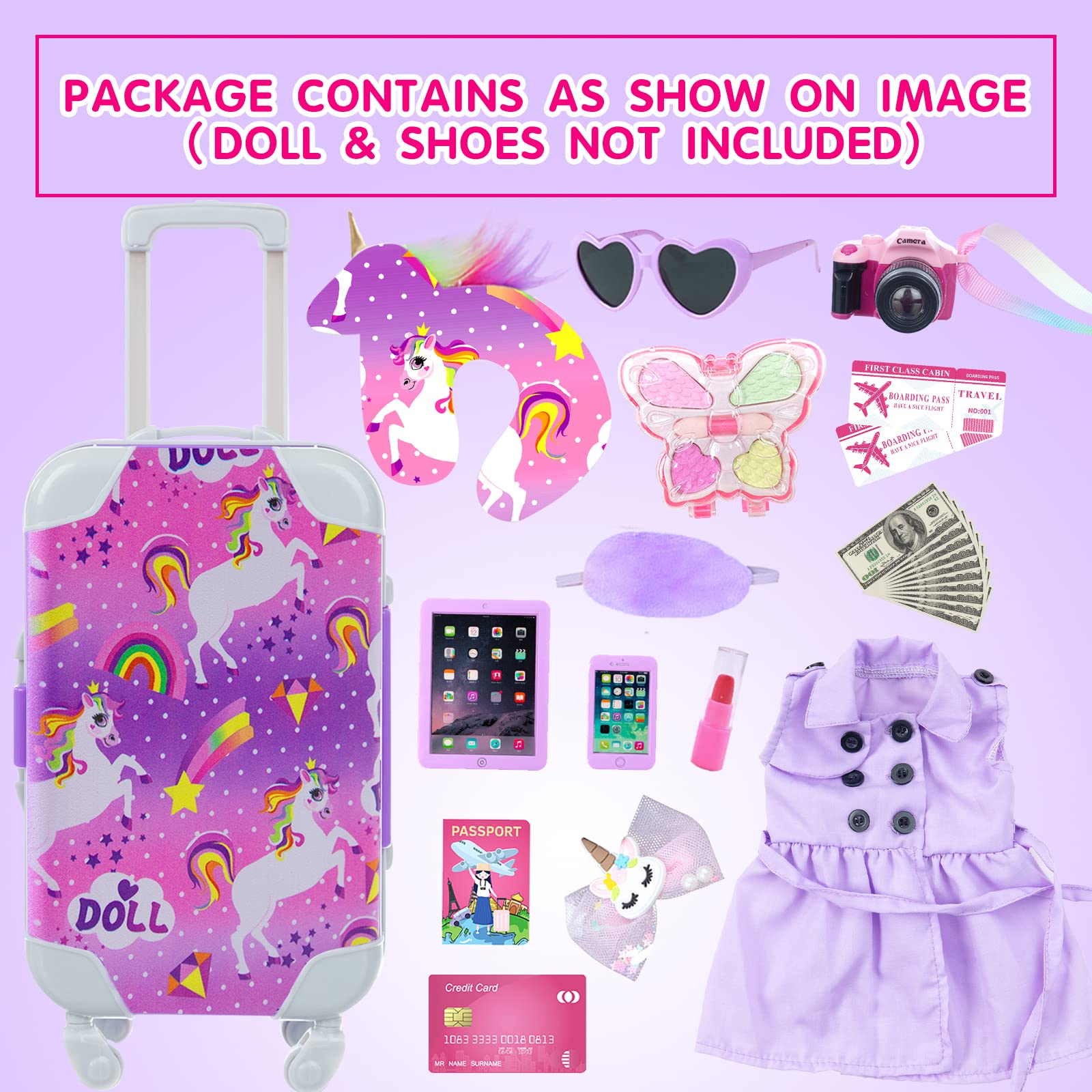 BDDOLL 25 Pcs American Clothes Accessories - Travel Suitcase Play Set for 18 Inch Doll with Clothes, Suitcase, Camera, Phone, Sungasses, Makeup Toy