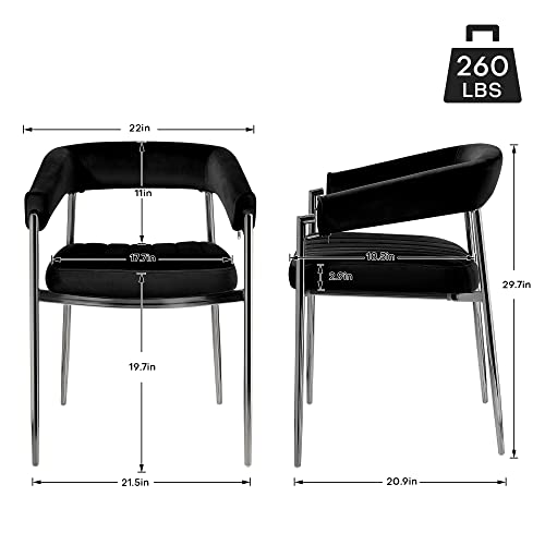 Bekrvio Dining Chairs Set of 2 Kitchen Dining Room Chairs with Arms and U-Shape Backrest, Mid Century Modern Living Room Accent Chair, Velvet Upholstered Kitchen Chairs with Metal Chrome Legs, Black