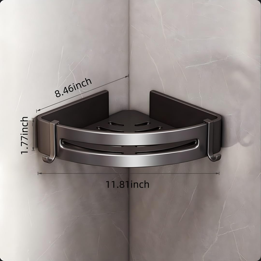 DOIAESKV 2 Pack Corner Shower Caddy with Hooks,No Drilling Aluminium Shower Organizer for Bathroom&Kitchen,Secure with Nail-free Glue,Rustproof Shower Rack Basket,Storage Accessories (Gunmetal)