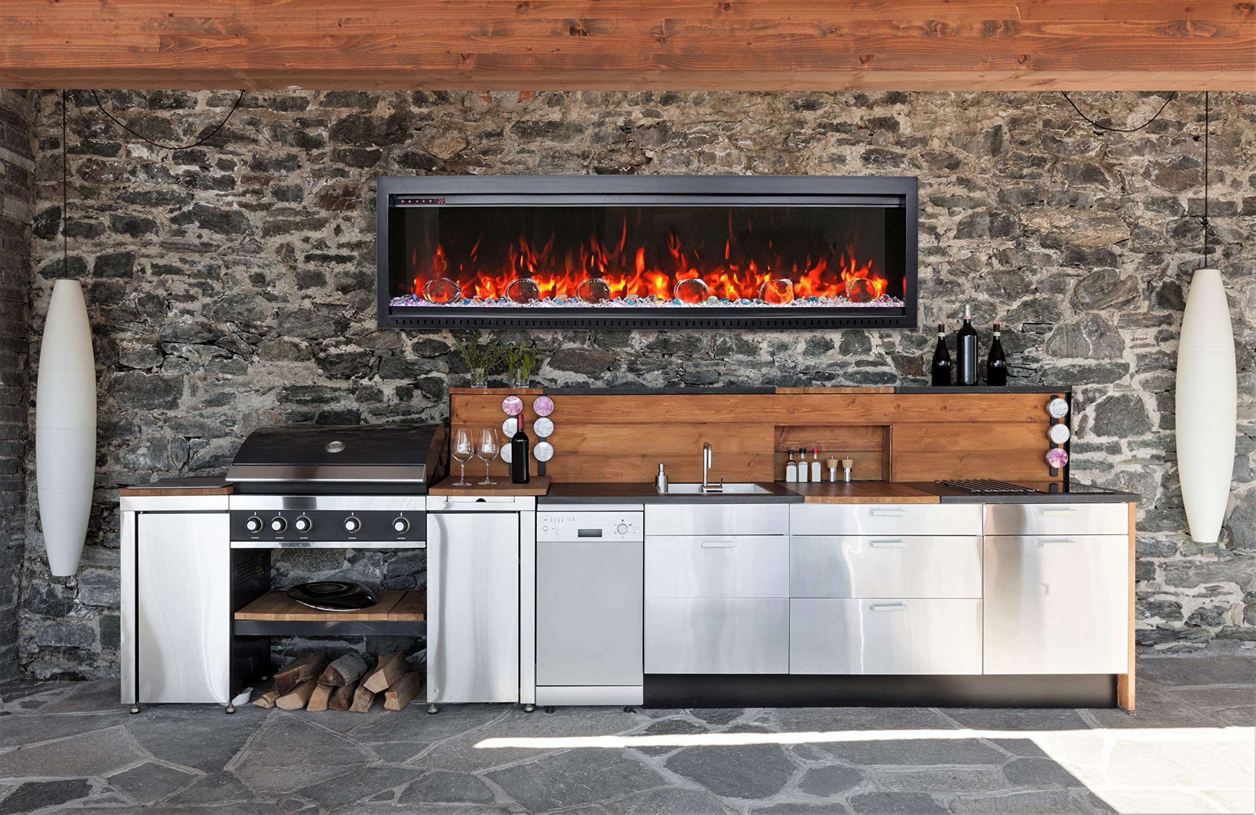 Amantii SYM-60-BESPOKE Symmetry Series Bespoke 60-Inch Built-in Electric Fireplace with Remote, Ice Media, Black Steel Surround