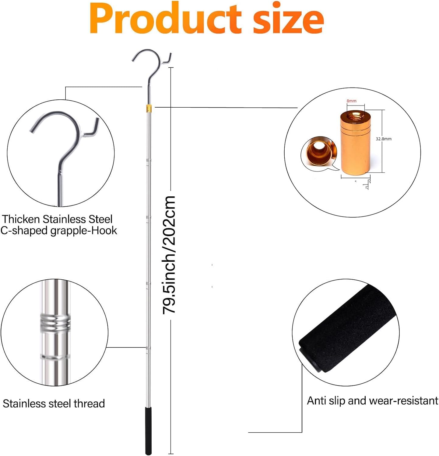 Clothes Hook Pole, Adjustable from 28 inches to 74 inches, Sponge Handle,Pick up Clothes from high Places,Closet Coat Rack Hook Rod, Used for Blinds Closets Ceilings, Strong Yet Lightweight.