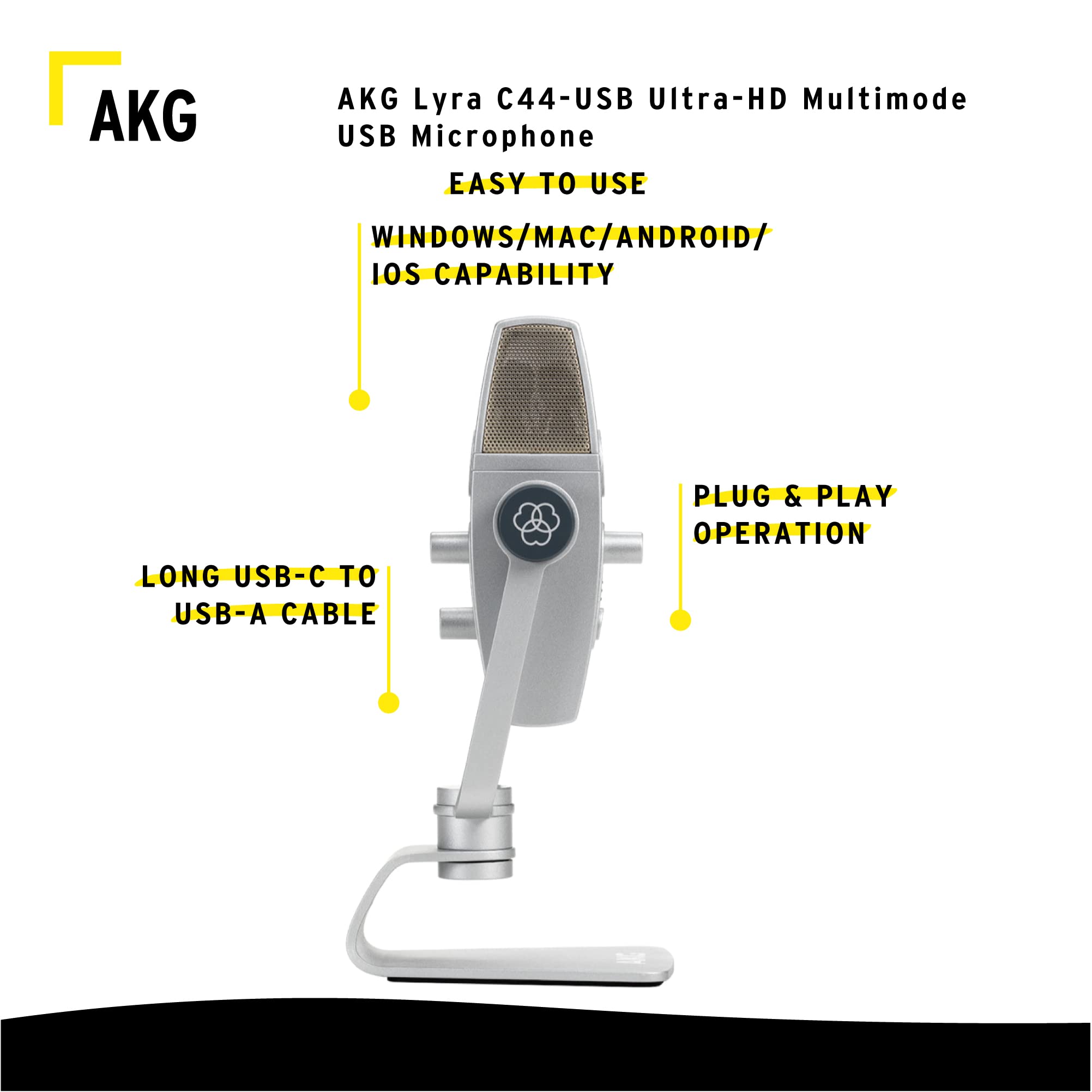 AKG Lyra C44-USB Ultra-HD Multimode USB Microphone Bundle with Knox Headphones and 3.0 4 Port USB Hub (3 Items)