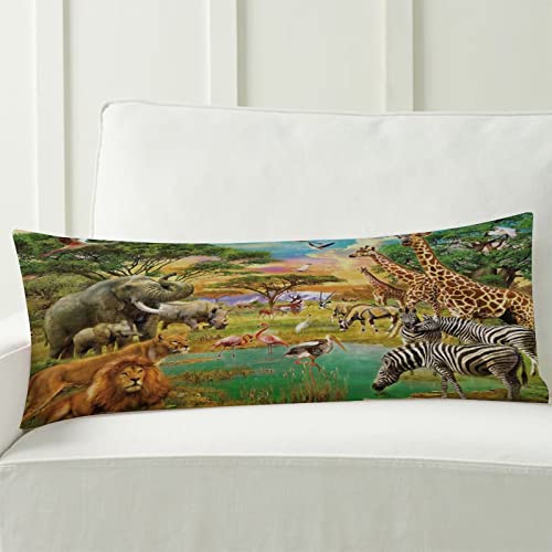 Body Pillow Cover,Africa Animal Rhino Flamingo Lion Zebra Giraffe Family Printed Long Pillow Cases Protector with Zipper Decor Soft Large Covers Cushion for Beding,Couch,Sofa,Home Gift 20"x54"