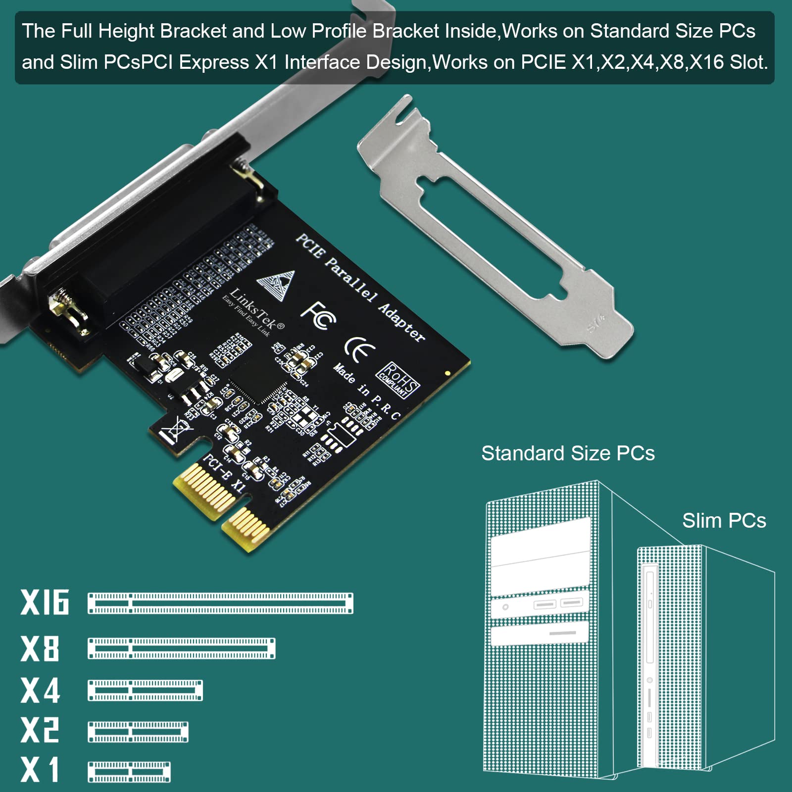 LinksTek 1-Port PCI Express Parallel Card for Printers, IEEE 1284 Standard DB25 LPT PCIE Parallel Port, Supports IEEE 1284 SPP, Nibble, Byte and ECP Mode, PCIE DB25 Parallel Port Card (PCIE-PA1)