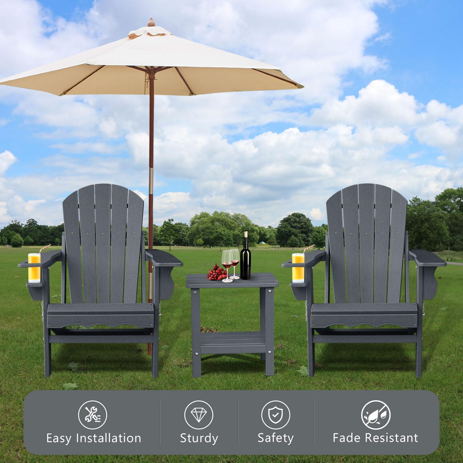 CLOUDEEP Folding Adirondack Chairs, Oversized Adirondack Chairs with Side Table and Cup Holder, Modern Composite Plastic Outdoor Furniture Chairs for Patio, Fire Pit, Porch, Backyard, Deck