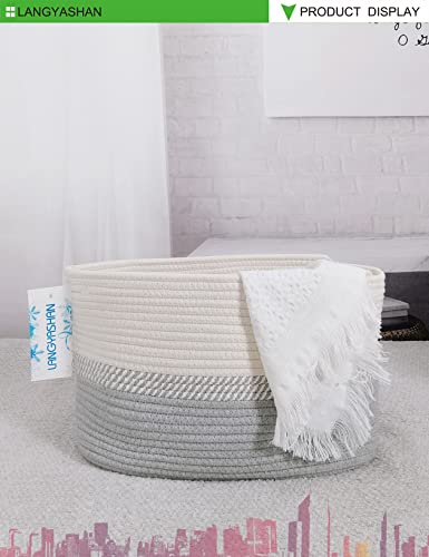 LANGYASHAN Rectangular Woven Rope Basket Decorative Blanket Basket for Living Room Storage or Nursery Laundry Basket Basket with Invisible Handles Laundry Hamper(Gray Invisible Handle)
