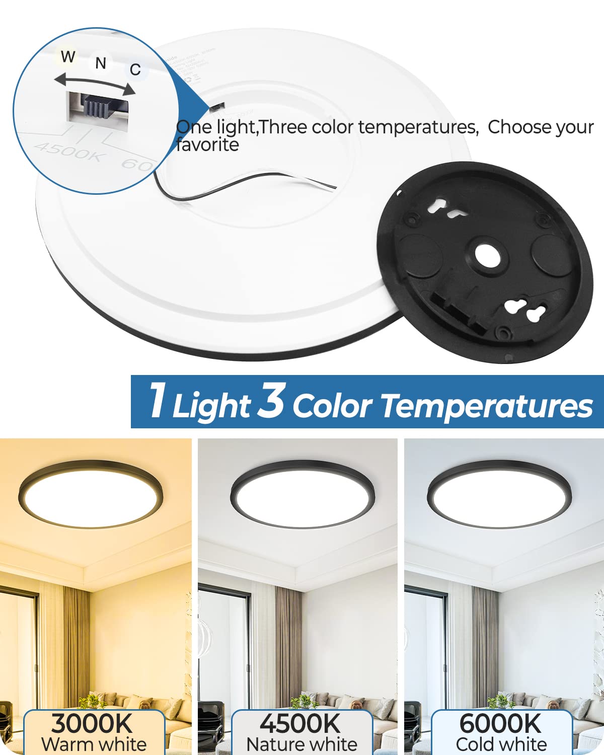 6 Pack LED Flush Mount Ceiling Light 9Inch Black, 24W 2100LM & 3 Color Temperatures 3000/4500/6000K Flush Mount Light Fixture, Low Profile Round LED Ceiling Light for Closet Bathroom Kitchen Hallway