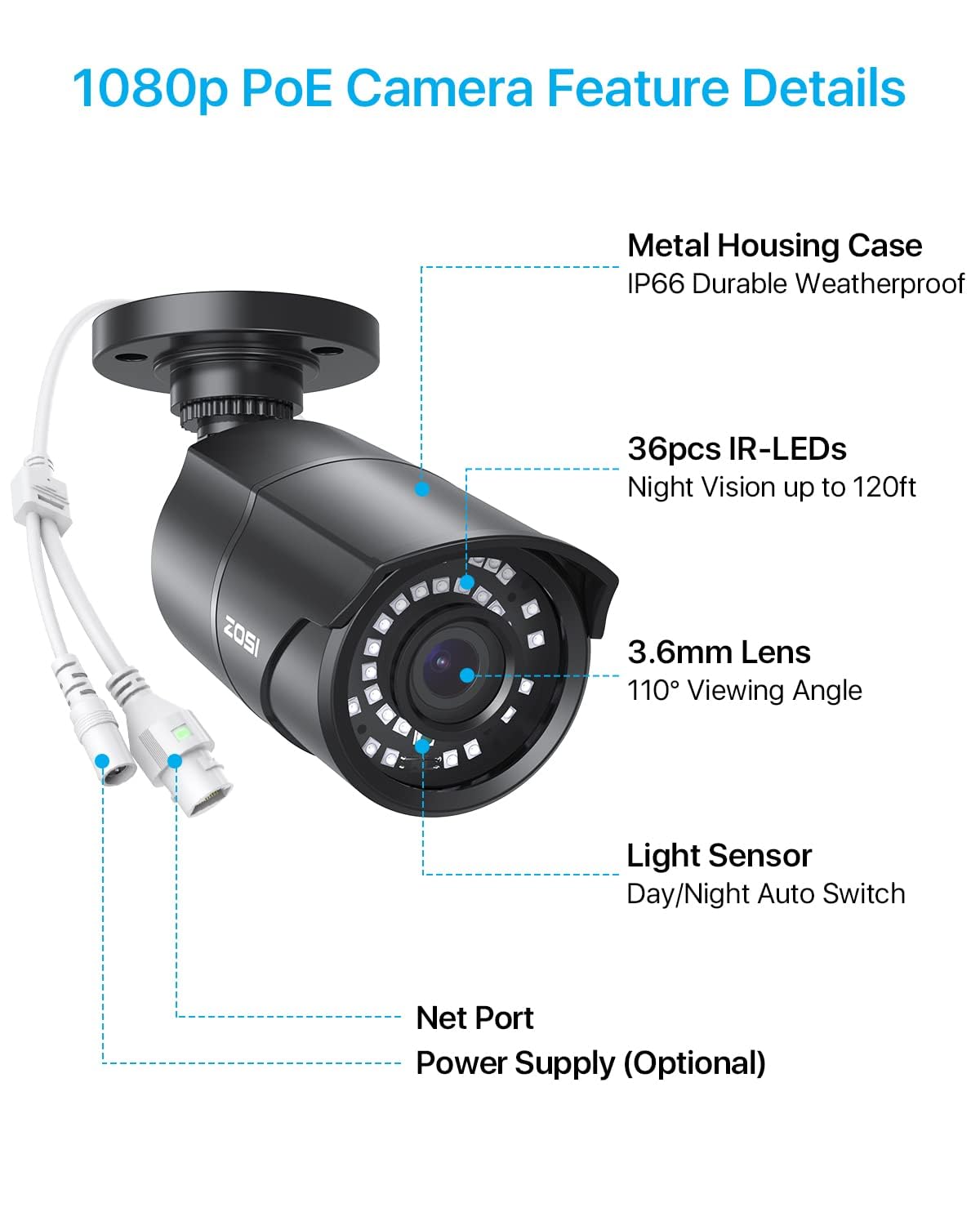 ZOSI H.265+2MP Security POE Camera, 1920x1080, 120ft Night Vision, 3.6mm Lens, IP67 Weatherproof Indoor Outdoor IP Camera 1080p (Only work with ZOSI PoE NVR,Model: 1AR-08EM-00/10/20-US)