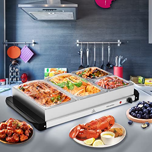 Eficentline 7.5Qt Buffet Server and Warmer,Electric Food Warmer for Parties,Stainless Steel Warming Trays with Adjustable Temperature,2x 2.5 Qt & 2x1.25 Qt Warming Pans,2 x Silicone Kitchen Tongs