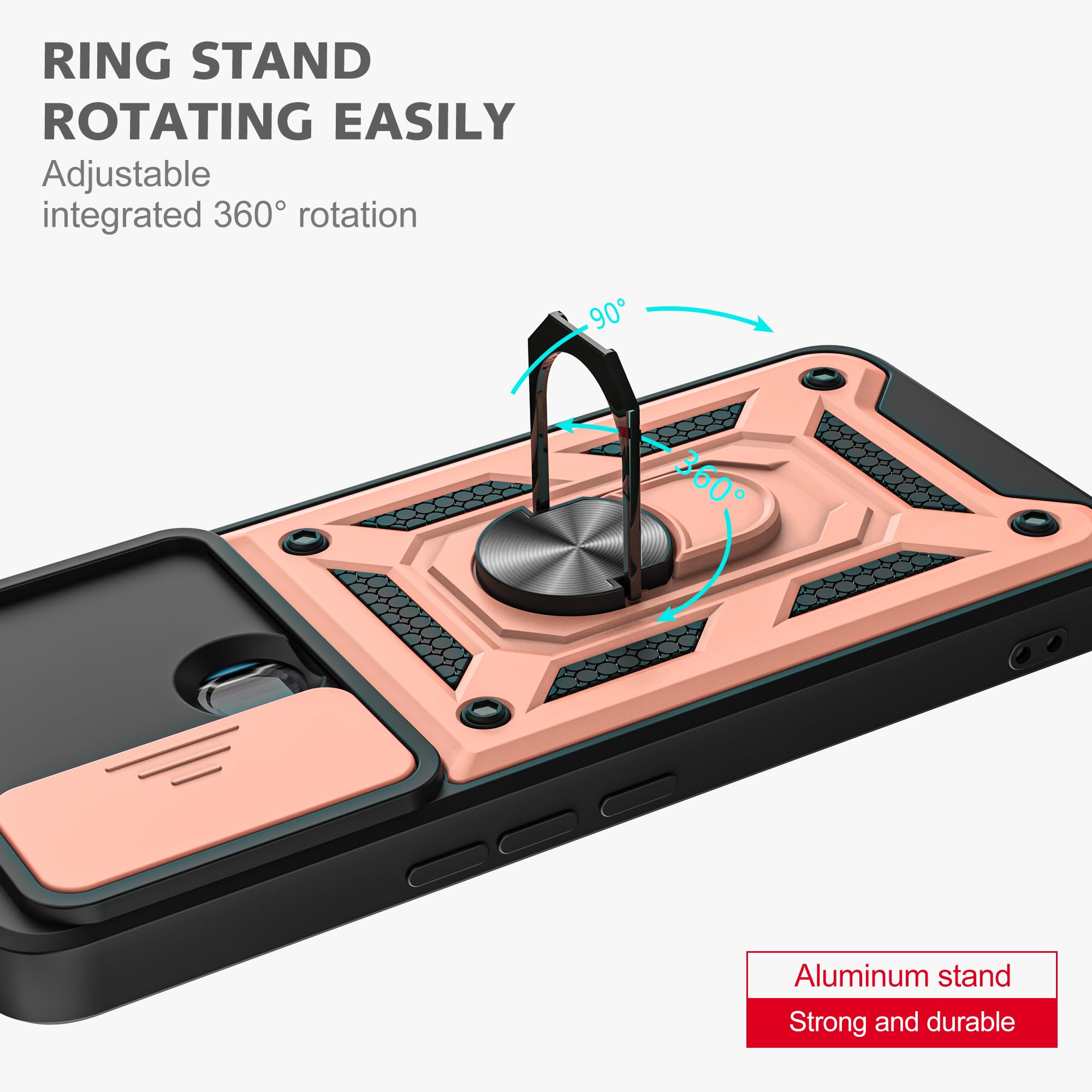 AKINIK for TCL 30 XE 5G Phone Case(Not Fit TCL 30 XL), with Slide Camera Cover and 2pcs HD Screen Protector, 360° Rotation Ring Kickstand [Military Grade] Case (Rose Gold)