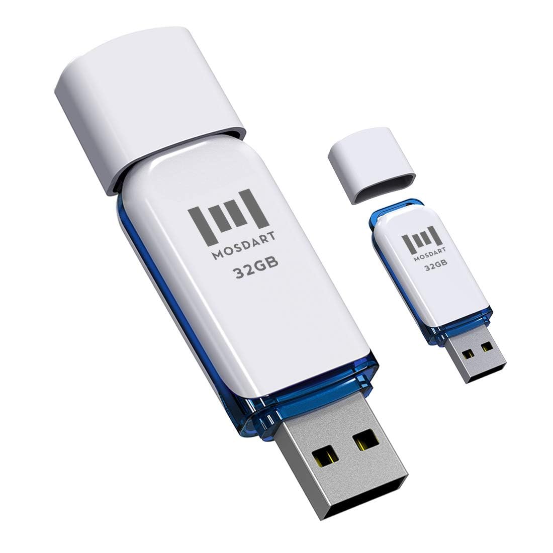 MOSDART 32GB USB2.0 Flash Drive, with LED Light and Lanyards, FAT32 Memory Stick for Computers, System Backup, Data Storage, Orange and Blue(Pack of 2)