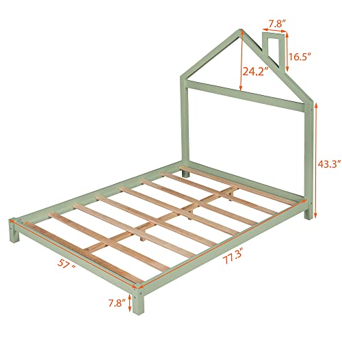 BIADNBZ Full Size Platform Bed Frame with House-Shaped Headboard for Kids Boys Girls Bedroom, Wooden Slats Support, No Box Spring Needed, Green