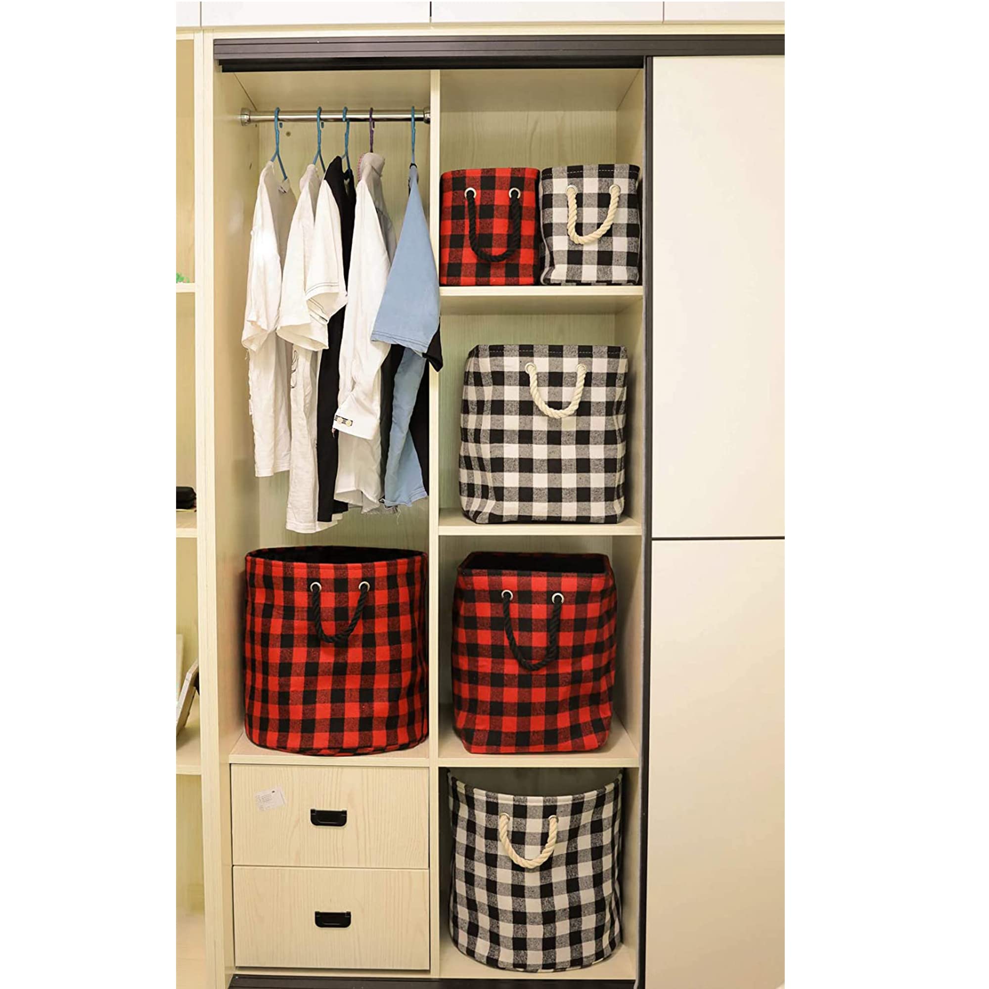 Large Rectangular Decorative Storage Bins Foldable Laundry Hamper Baskets Buffalo Grid Pattern with Rope Handles for Blankets, Toys, Nursery, White Black Grid, L