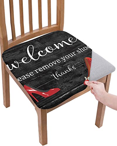 Chair Covers for Dining Room Set of 2, Removable Washable Office Chair Cover, Welcome Red High Heels Vintage Wood Grain Background Chair Cushion Covers for Bar Stool Kitchen 13.4"-18"