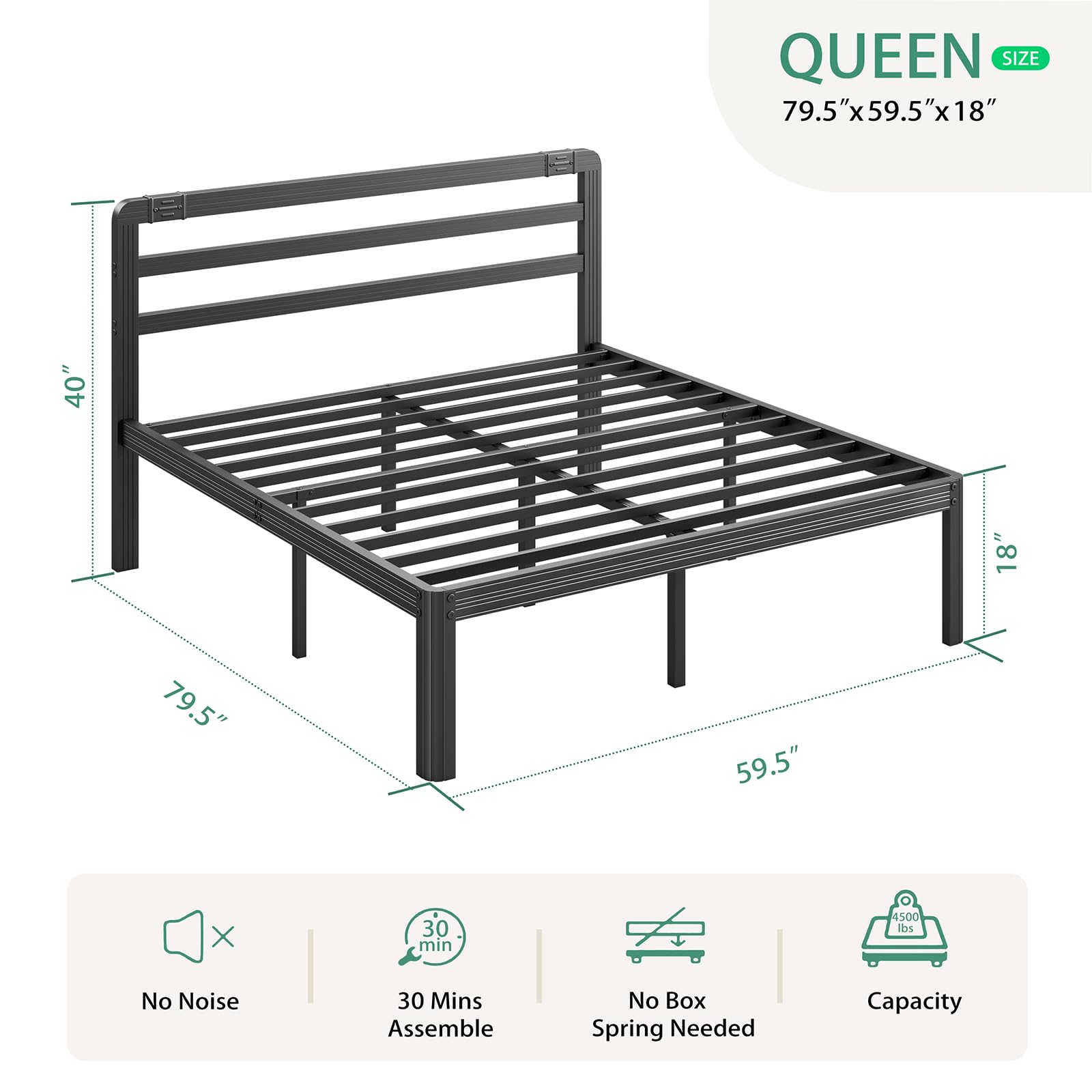 Askeld Queen Bed Frame with Headboard,18 Inch High Queen Size Bed Frame, Sturdy Noise-Free Metal Frame with Heavy Duty Slats, 4500 Lbs Weight Support for Mattress, No Box Spring Needed, Black