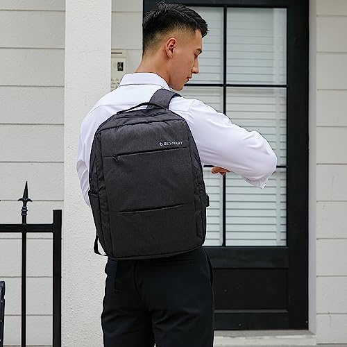 BE SAMRT Laptop Backpack, Business Slim Durable Laptops Travel Backpacks with USB Charging Port, Waterproof College Backpack Computer Bag Gifts for Men & Women Fits 15.6 Inch Notebook (Black)