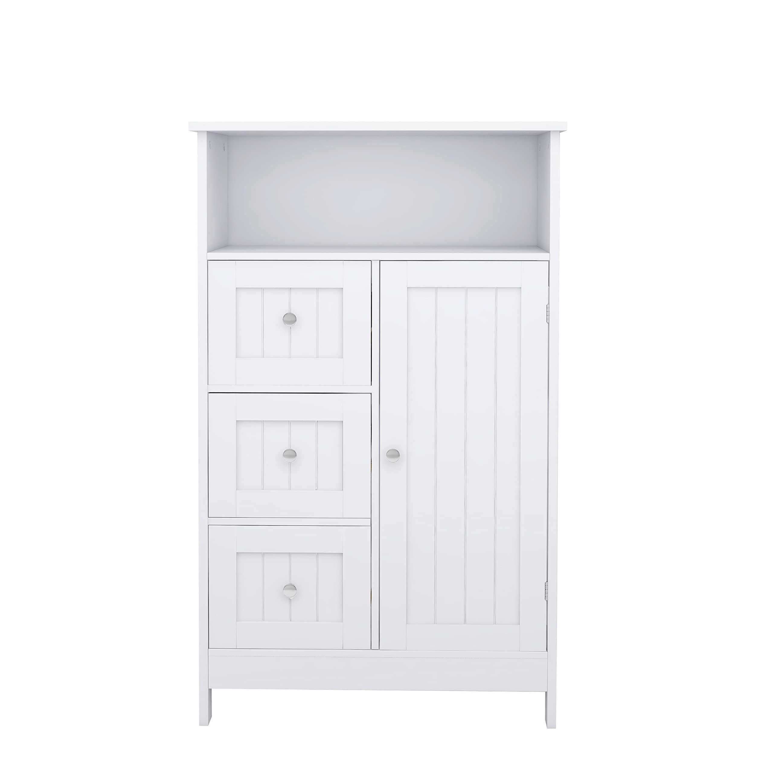 Knocbel Bathroom Floor Storage Cabinet with 3 Drawers, Open Compartment and Single Door, Free Standing Bath Organizer Unit, 23.6" W x 11.8" D x 39.6" H (White)