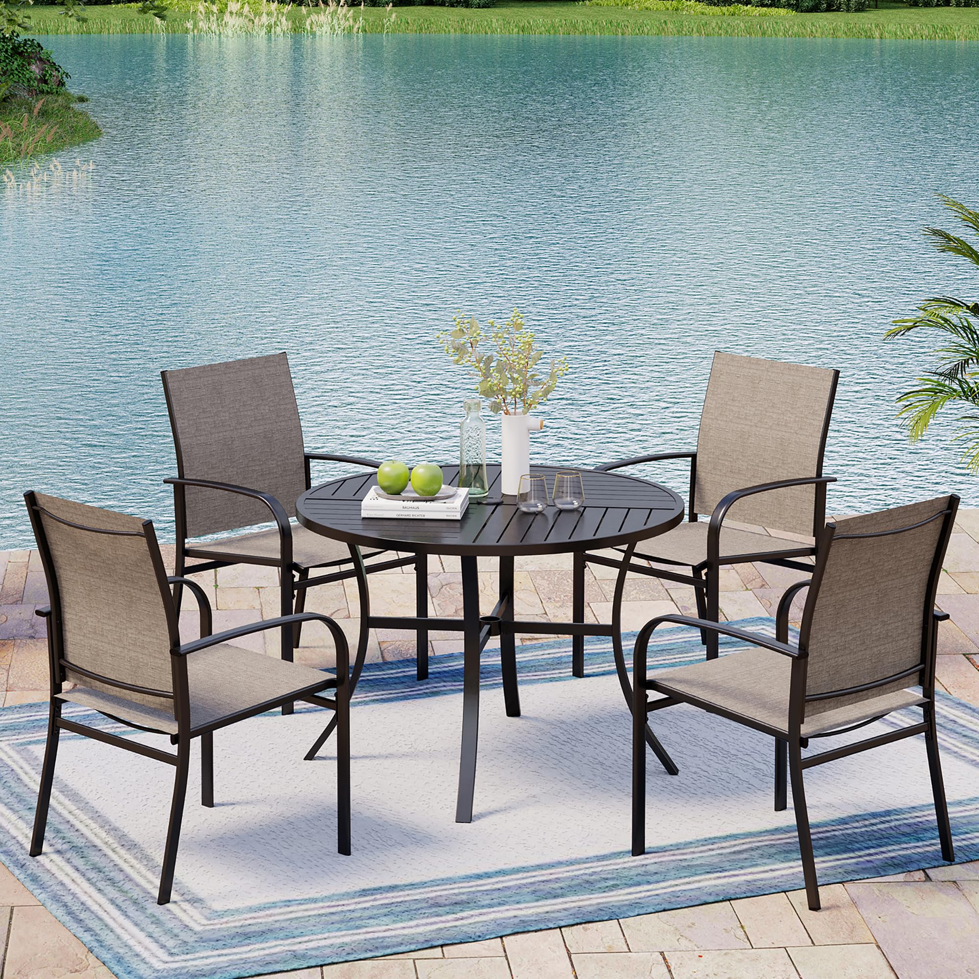 MIXPATIO Patio Dining Chairs Set of 6, Brown Outdoor Textilene Dining Chairs, Patio Furniture Chairs with Armrest