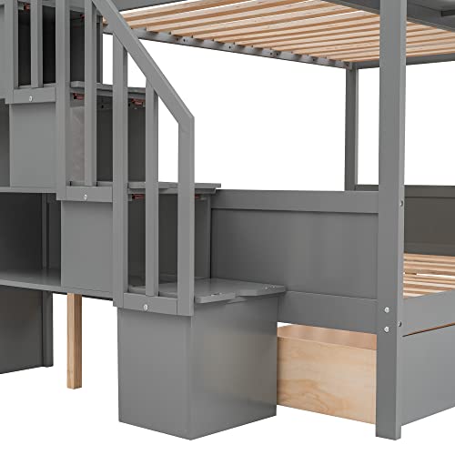 BIADNBZ Stairway Twin Over Full Bunk Bed with Stairs Storage, 2 Drawers and Shelf, Wooden Bunkbed for Kids Teens Adults Bedroom, Gray