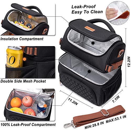 Artelaris Lunch Bag for Men Women, Large Double Deck Lunch Box Tote for Work, Dual Compartment Insulated Leakproof Lunchbox Cooler for Adult with Shoulder Strap & Side Pocket for Picnic Hiking Outdoor