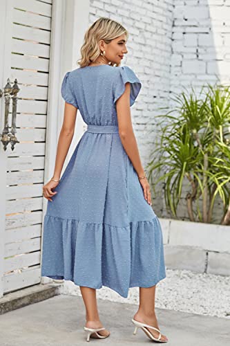EGRETLAC Women V Neck Haltter Sleeveless Boho Swiss Dot Dress, Elasticated Waist A Line Flowy Hem Long Dresses with Tie Blue