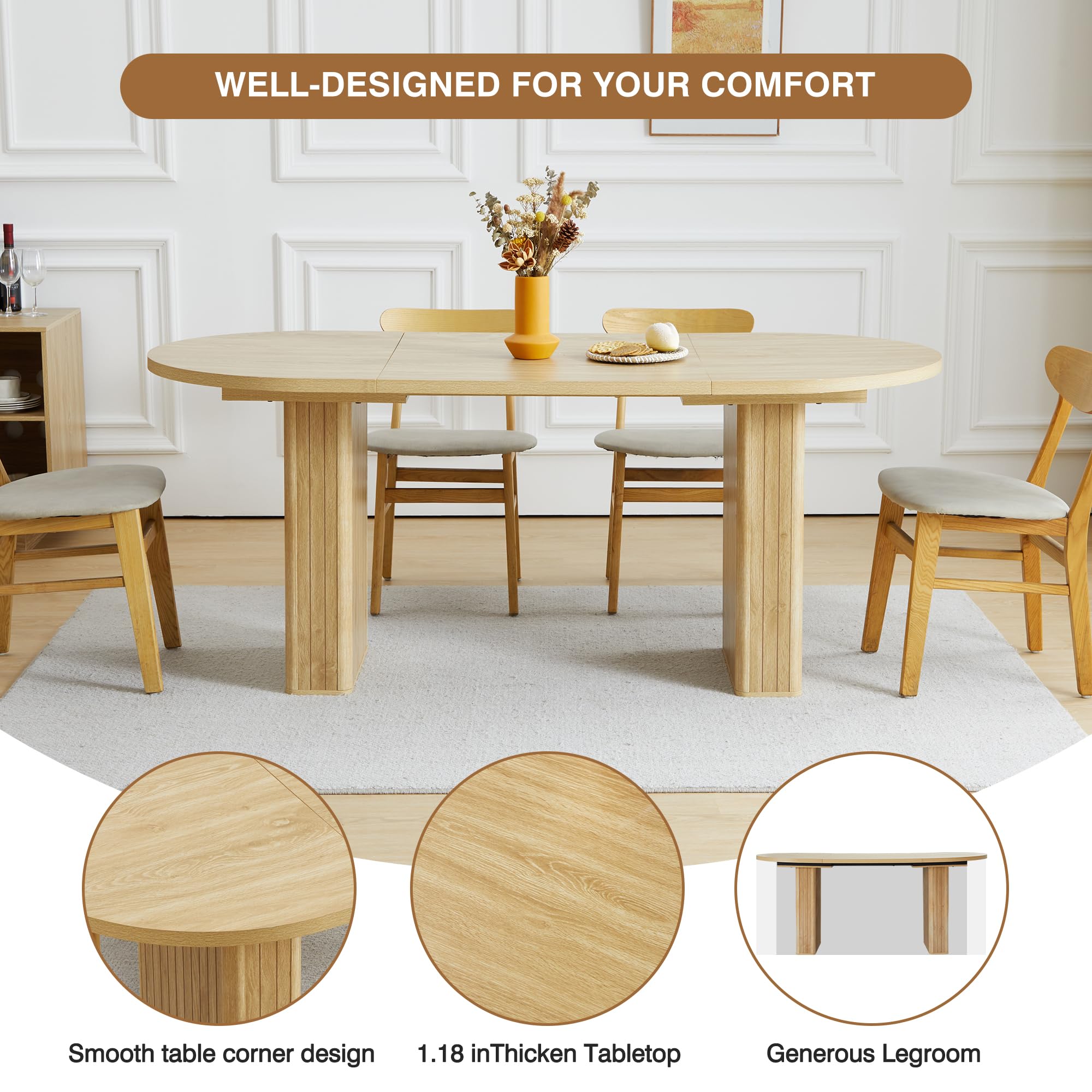 70.8 Inch Kitchen Dining Table for 6-8 People, Oval Kitchen Table with Wood Strip Base, Modern Farmhouse Large Round Dining Room Tables for Kitchen Living Room (Natural)