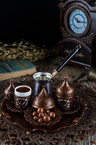 DEMMEX 2023 Turkish Greek Arabic Coffee Full Set with Cups Saucers Lids Sugar Bowl Tray and Copper Coffee Pot, 12 Pcs