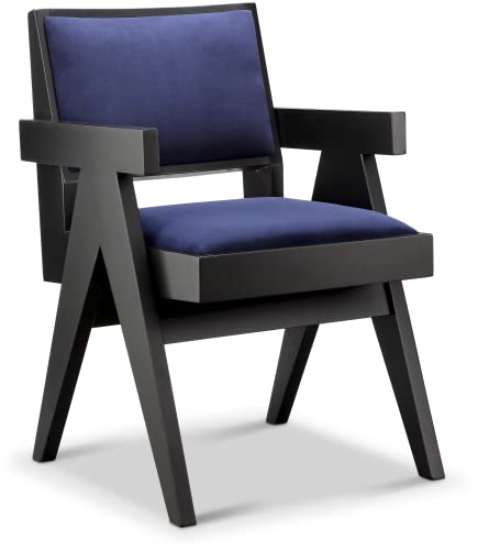 Design Guild Accent or Kitchen Modern Table-Height Dining Chair w/Natural Wooden Frame (Fully Assembled), Navy Blue Velvet/Black Armchair