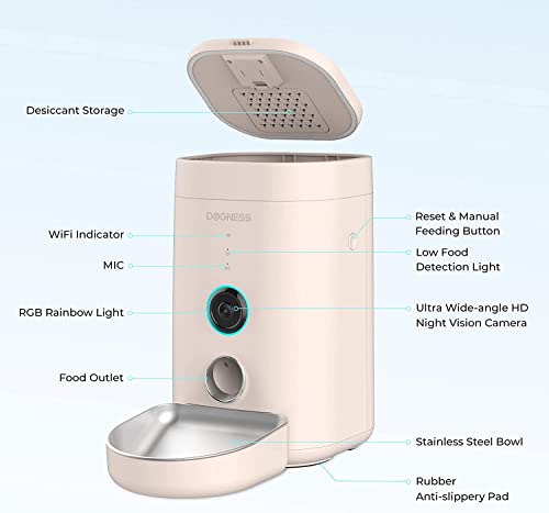 DOGNESS Automatic WiFi Dog/Cat Smart Camera Feeder - 6.5Lbs Large Capacity App Control Food Dispenser with WiFi, Portion Control, Voice Recording, Camera, Timer Programmable (4L Pink)